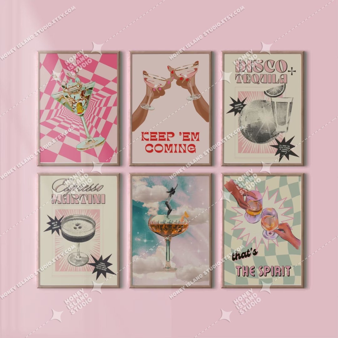 Set of 6 Bar Cart Bestsellers, Gallery Wall Retro Disco Tequila ...
