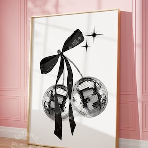 Cherry Disco With Bow Coquette Retro Wall Art Balletcore Ribbon Cherry ...