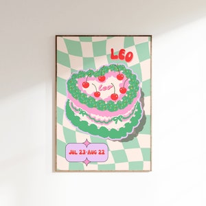 Leo Birthday Cake Poster, Leo Zodiac Star Sign Print, Retro Bday Cake ...