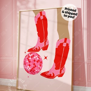 Disco Cowgirl Print, Retro Cowgirl Boots Wall Art, Disco Ball Poster ...