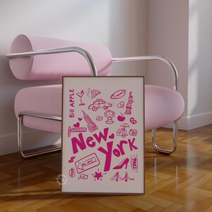 New York Doodle Print New York Pink Poster Big Apple Doodle Art Dorm ...