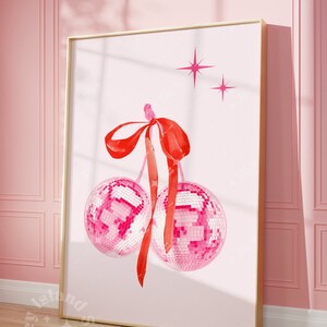 Pink Cherry Disco Pink Bow Coquette Bow Soft Girl Bedroom Decor Retro ...