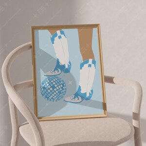 Disco Cowgirl Print, Blue Retro Cowgirl Boots Printable Wall Art, Disco ...