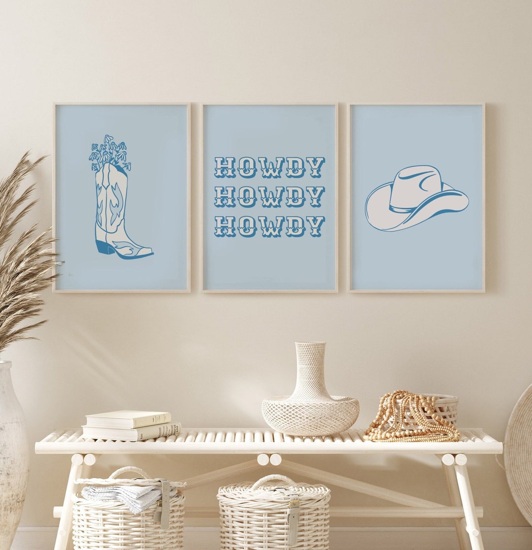 Cowgirl Prints Set of 3, Blue Western Art, Boho Home Decor (digital ...