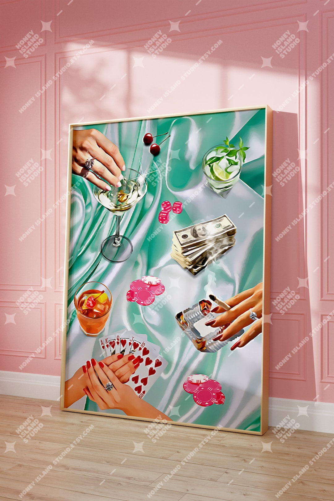 Playing Cards Poster Green Poker Night Cards & Drinks Retro - Etsy