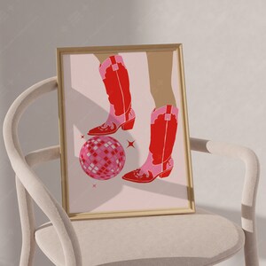 Disco Cowgirl Print, Retro Cowgirl Boots Printable Wall Art, Disco Ball ...