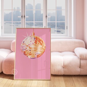 Disco Ball Wall Art, Pink Orange Disco Ball Poster, Pink Wall Decor ...