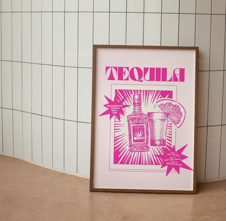 Pink Tequila Poster Retro Vintage Pink Tequila Art Print Bar - Etsy