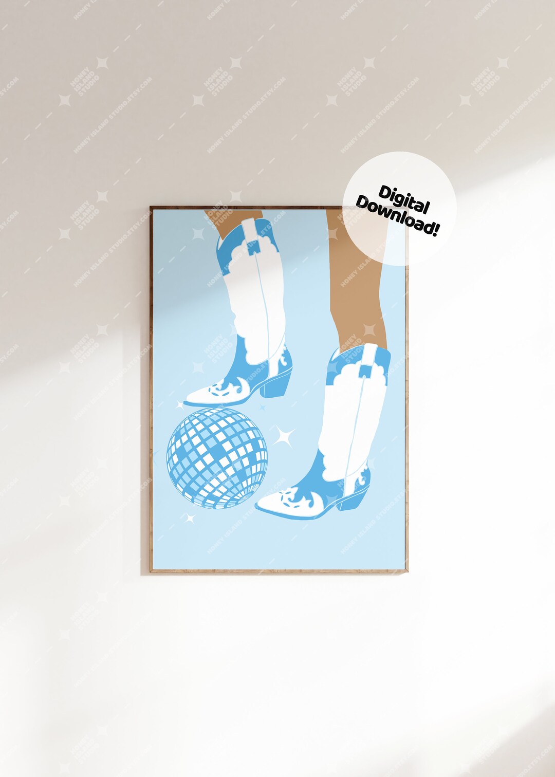 Disco Cowgirl Print, Blue Retro Cowgirl Boots Printable Wall Art, Disco ...