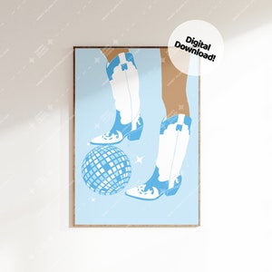 Disco Cowgirl Print, Blue Retro Cowgirl Boots Printable Wall Art, Disco ...