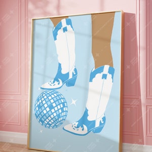 Disco Cowgirl Print, Blue Retro Cowgirl Boots Printable Wall Art, Disco ...
