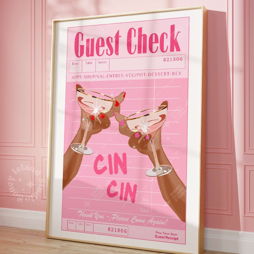 Pink Guest Check Print, Champagne Cheers, Retro Bar Cart Decor - Etsy