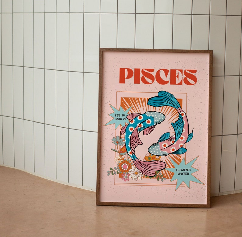 Pisces Poster Zodiac Pisces Print Retro Wall Decor Digital - Etsy