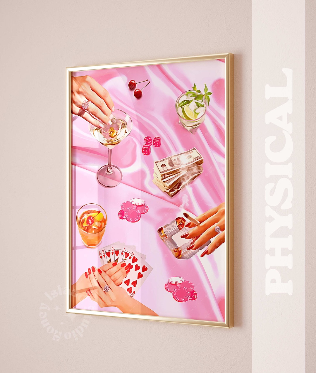 Pink Playing Cards Wall Print, Pink Poker Night Cards & Drinks, Retro ...