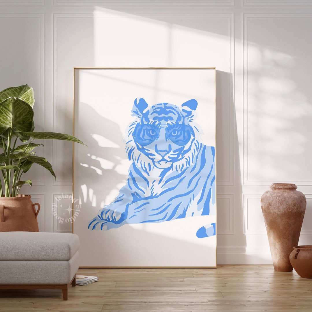 Tiger Print Blue Preppy Maximalist Wall Art Jungle Animal Art Leopard ...