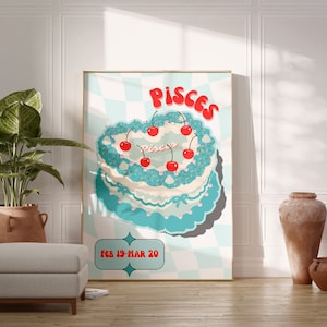 Pisces Cake Poster, Zodiac Pisces Cake Print, Retro Wall Decor, Digital ...