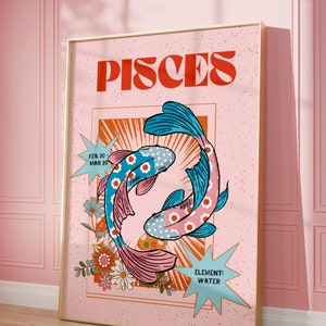 Pisces Poster, Zodiac Pisces Print, Retro Wall Decor, Digital Download ...
