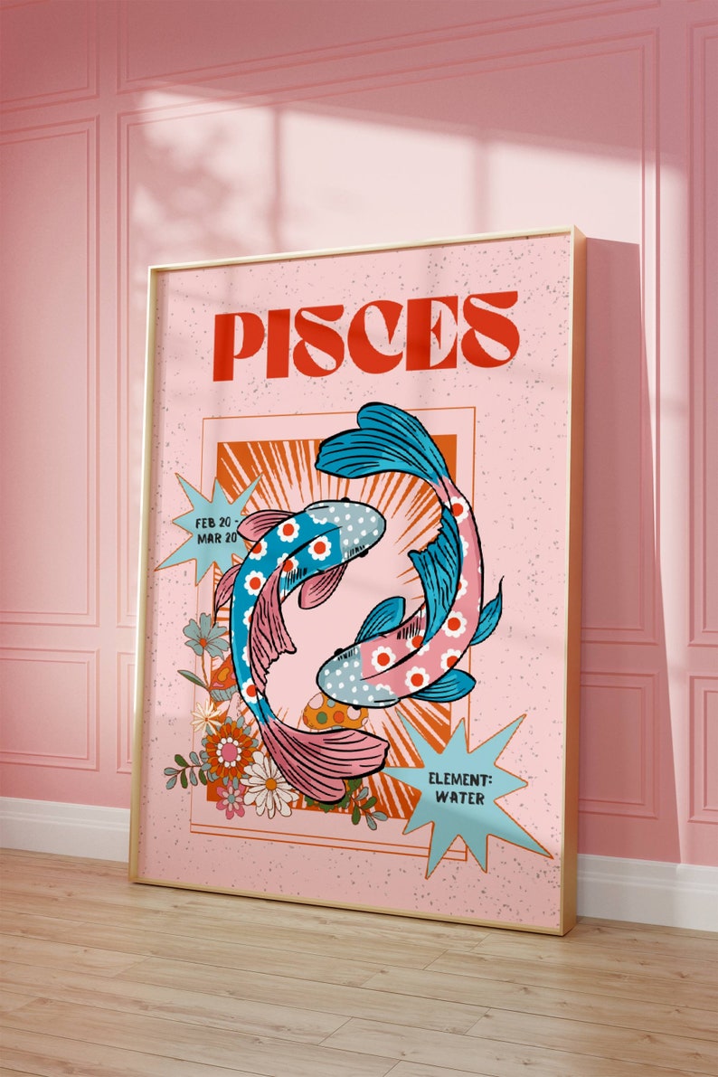 Pisces Poster Zodiac Pisces Print Retro Wall Decor Digital - Etsy