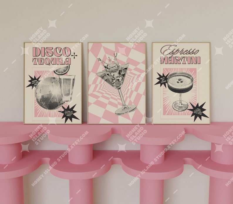Retro Cocktail Prints SET of 3 Martini Cocktail Disco Ball - Etsy