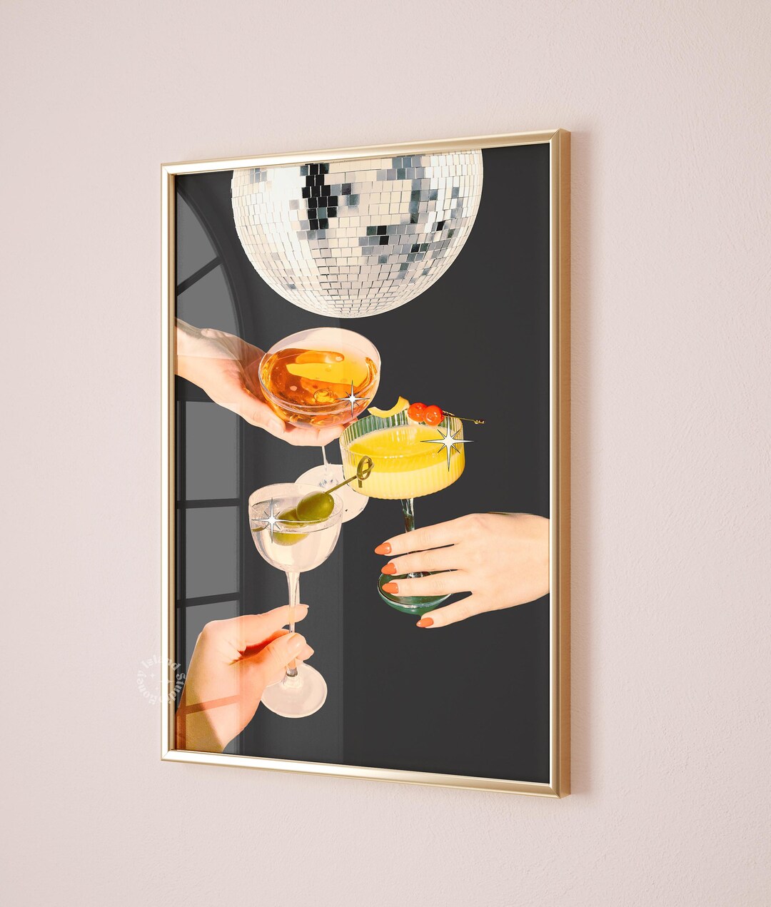 Retro Cheers Bar Cart Decor Black Disco Ball Champagne Cocktail Glass ...