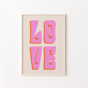 Love Printable Wall Art, Retro 70s Vintage Print, Pink Love Typography ...