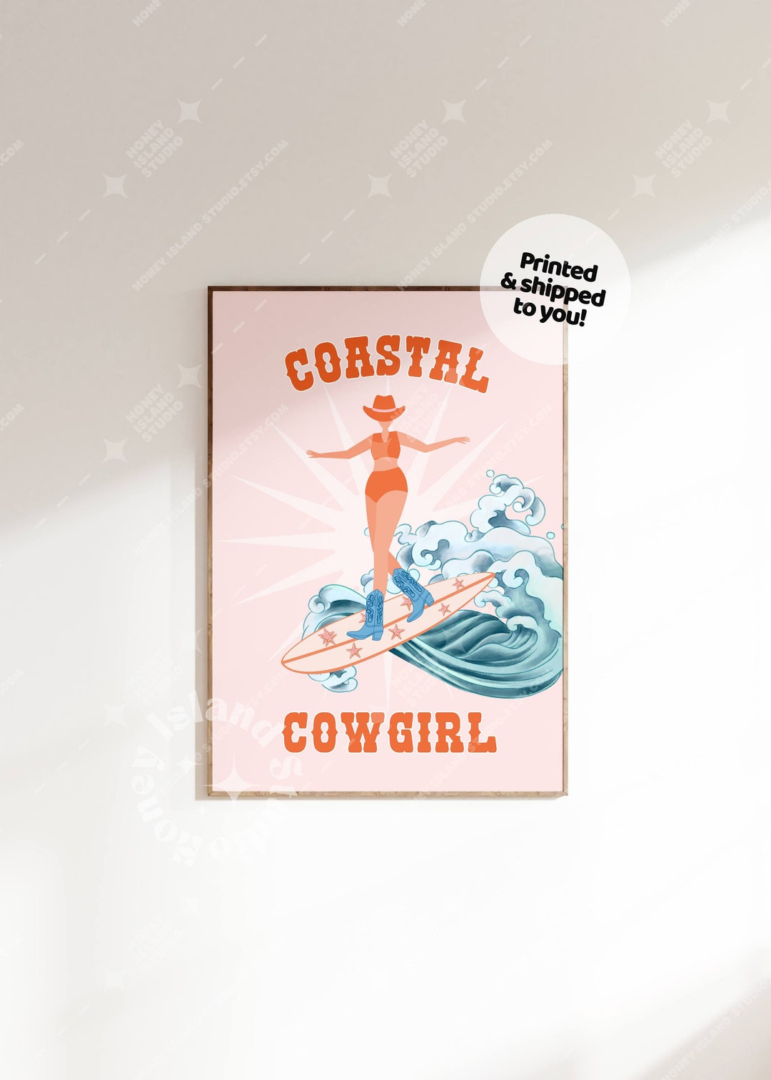 Costal Cowgirl Print, Retro Western Wall Art, Surf Girl Art, Cute ...