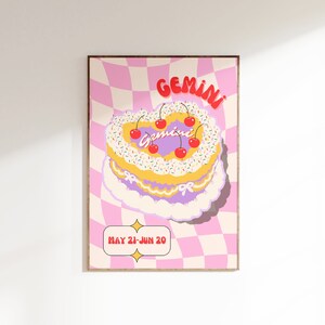 Gemini Cake Poster, Zodiac Gemini Cake Print, Retro Cake Wall Decor ...