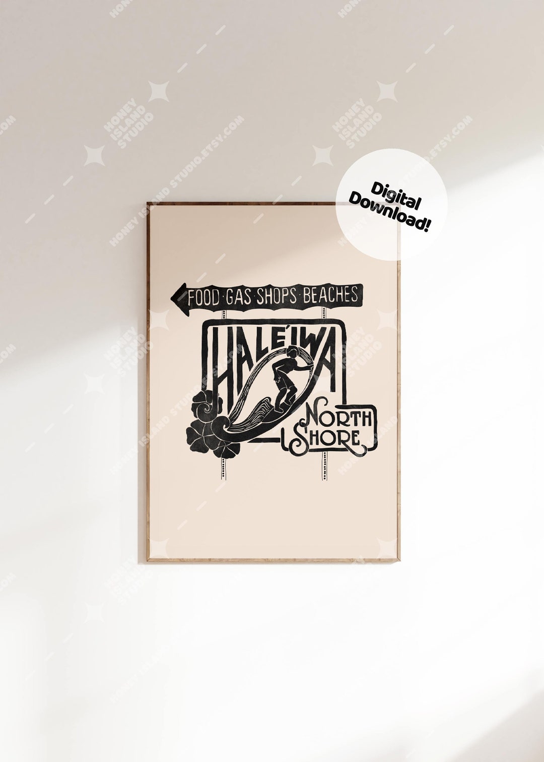 North Shore Poster, Hawaii Oahu Black Print, Haleiwa Printable Art ...