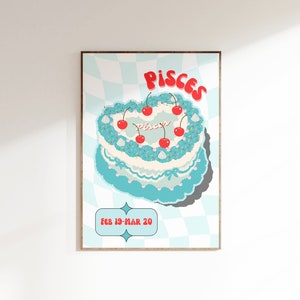 Pisces Cake Poster, Zodiac Pisces Cake Print, Retro Wall Decor, Digital ...