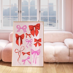 Pink Bow Print Soft Girl Wall Decor Feminine Poster Coquette Pink Bow ...