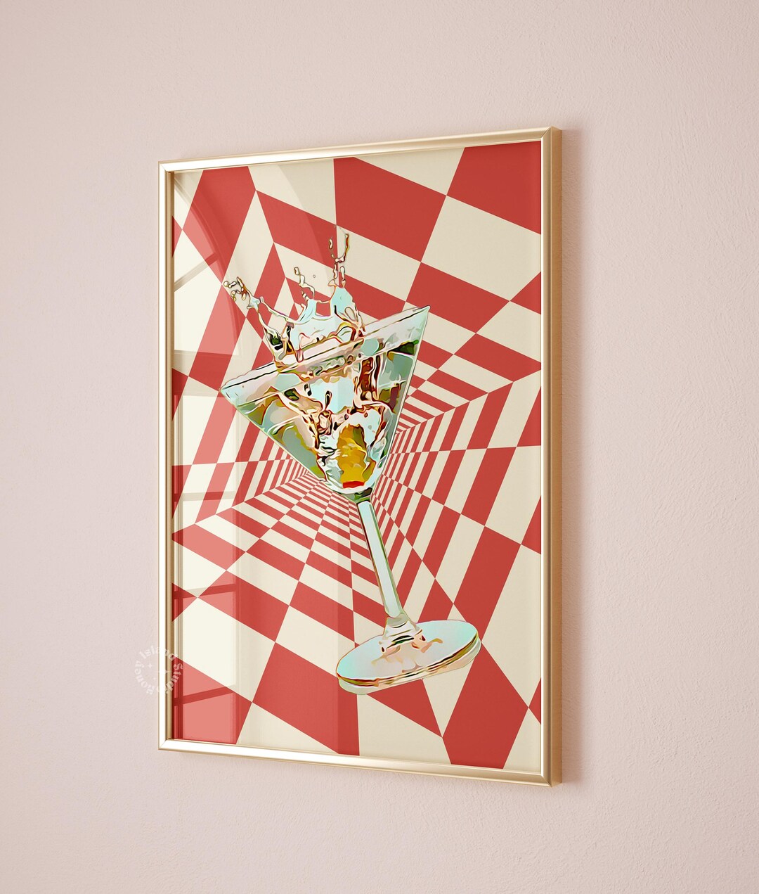 Retro Martini Poster, Retro Cocktail Martini, Red Checkered Cocktail ...