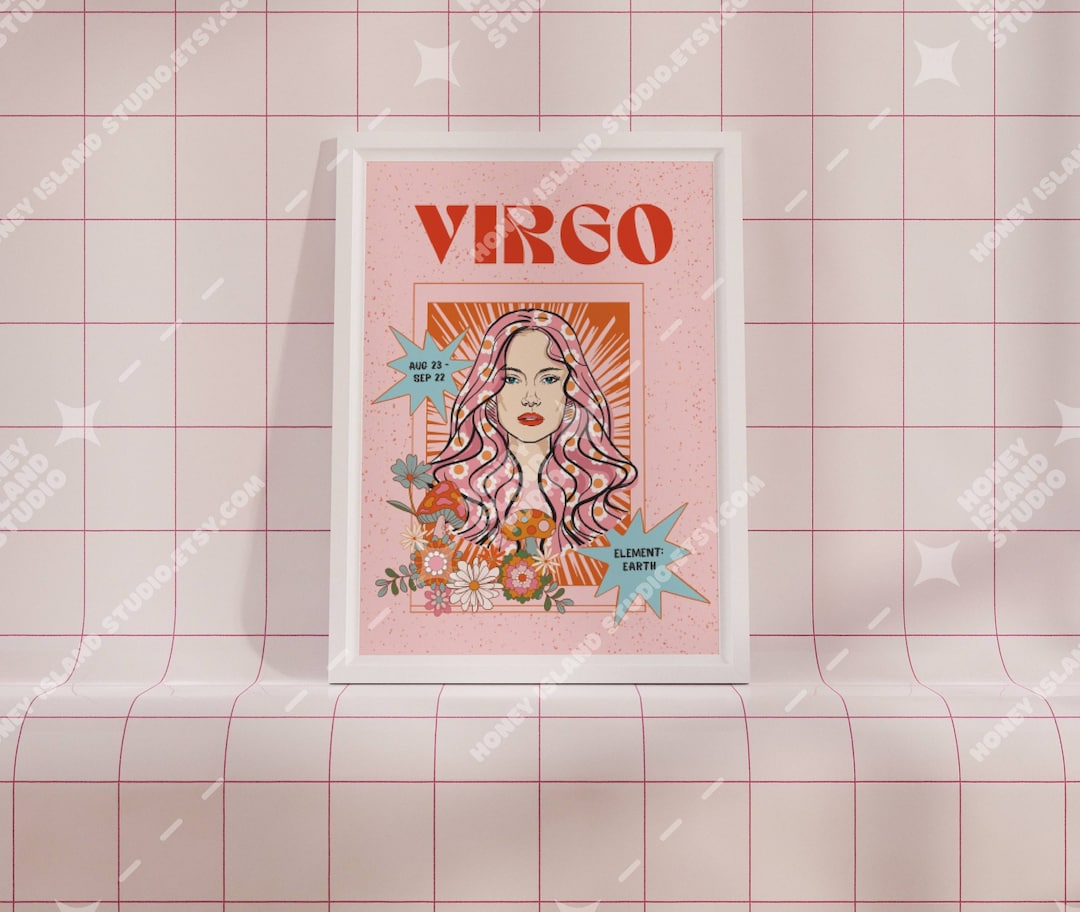 Pink Virgo Poster, Virgo Retro Zodiac Wall Print, Retro Wall Decor ...