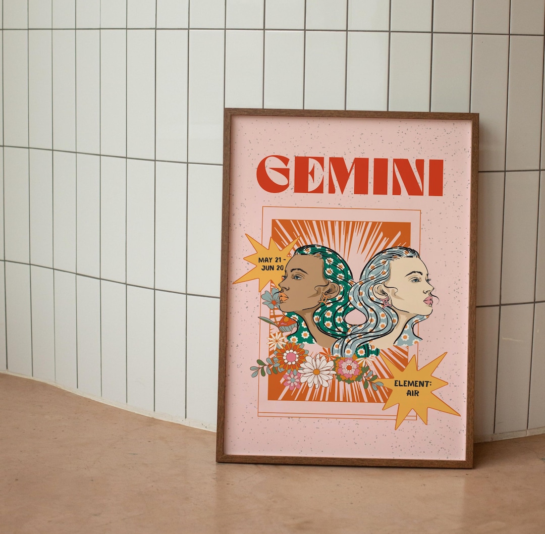 Gemini Poster, Zodiac Gemini Print, Retro Wall Decor, Digital Download ...