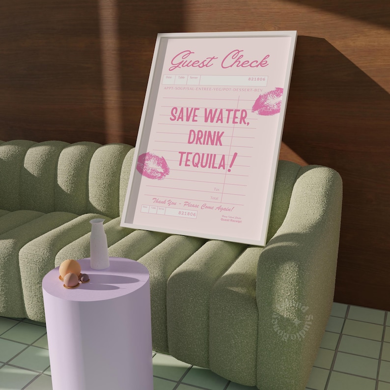 Lámina «Ahorra agua, bebe tequila», decoración rosa estilo preppy para ...