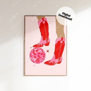 Disco Cowgirl Print, Retro Cowgirl Boots Printable Wall Art, Disco Ball ...