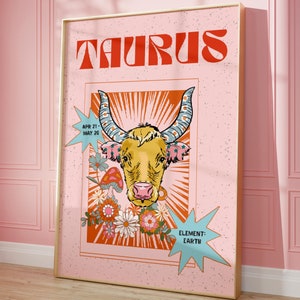 Taurus Poster, Zodiac Taurus Print, Retro Wall Decor, Digital Download ...