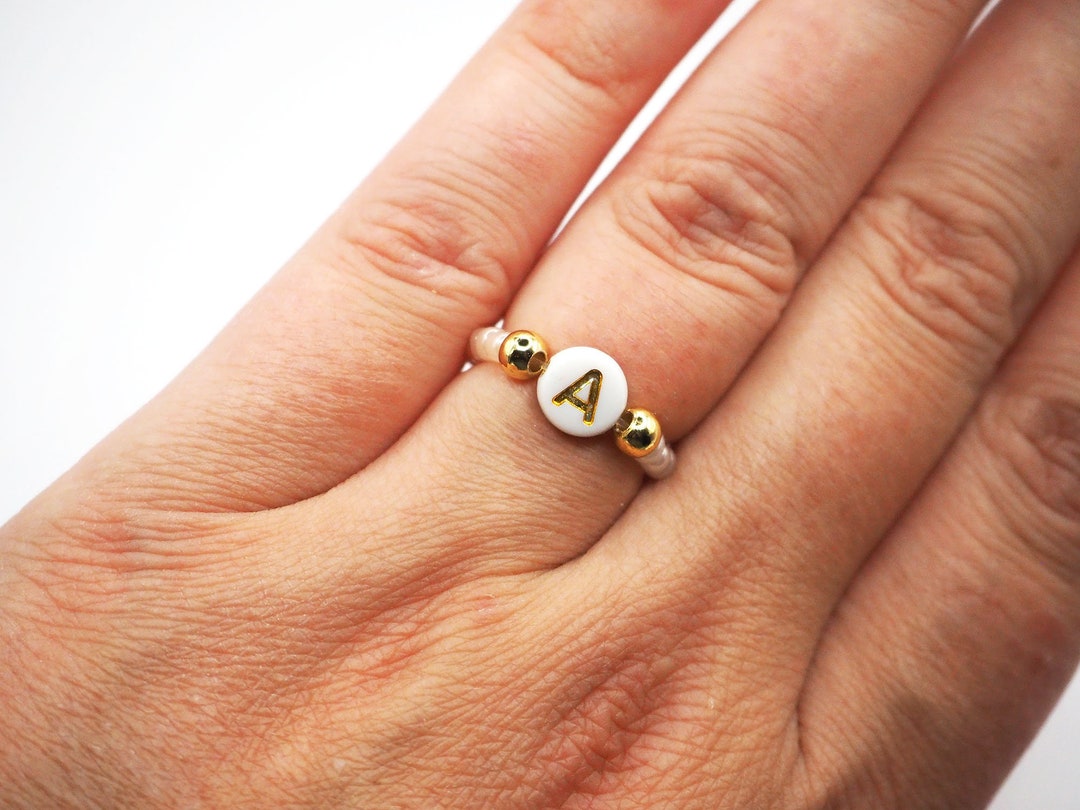Custom Beaded Gold Letter Ring - Etsy