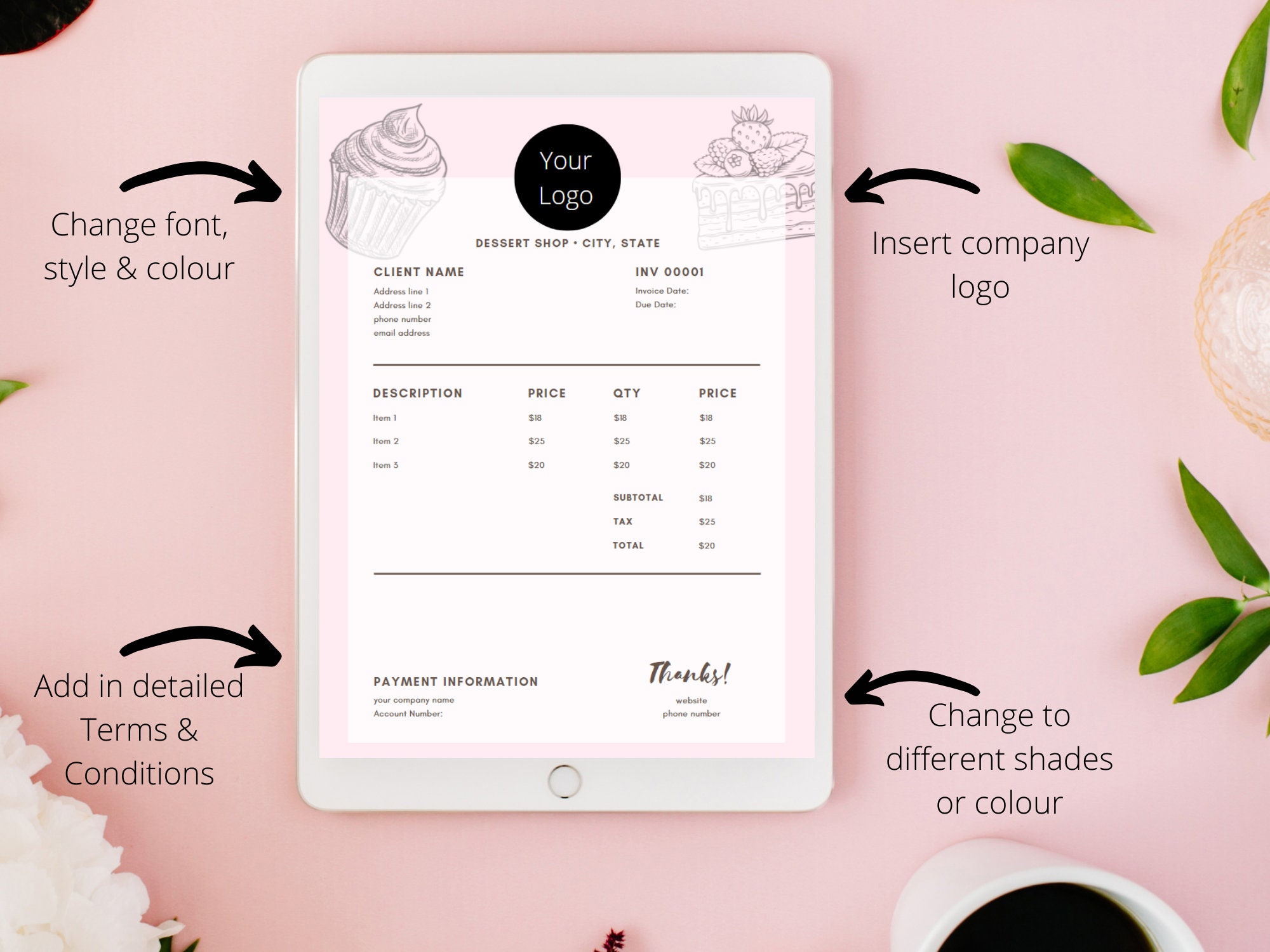 Bakery business Dessert business editable Invoice Template | Etsy