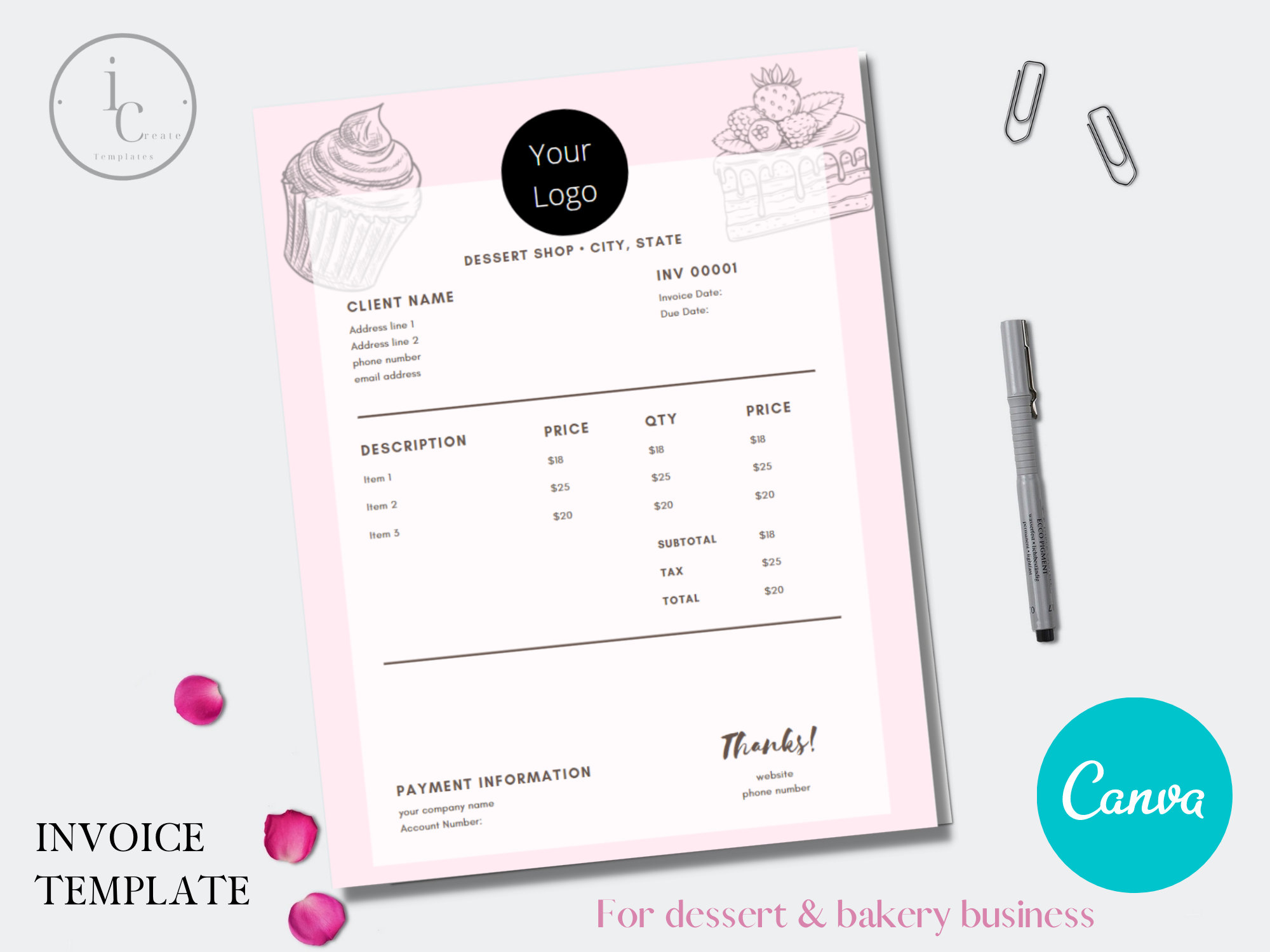 Bakery business Dessert business editable Invoice Template | Etsy
