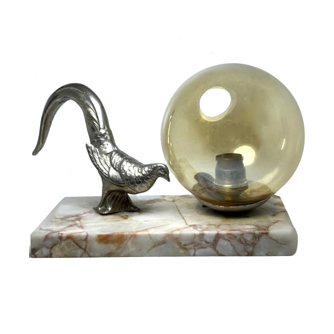 French Art Deco Table Lamp: Spelter Pheasant, Amber Glass Globe, Marble ...