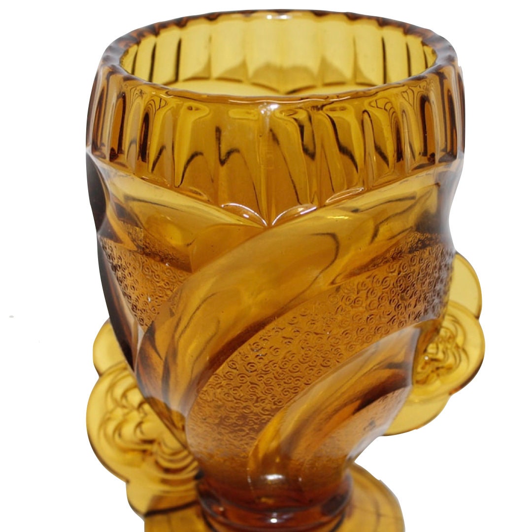 Vintage Sowerby Art Deco Amber Glass Vase Deep Swirled Cuts Applied ...