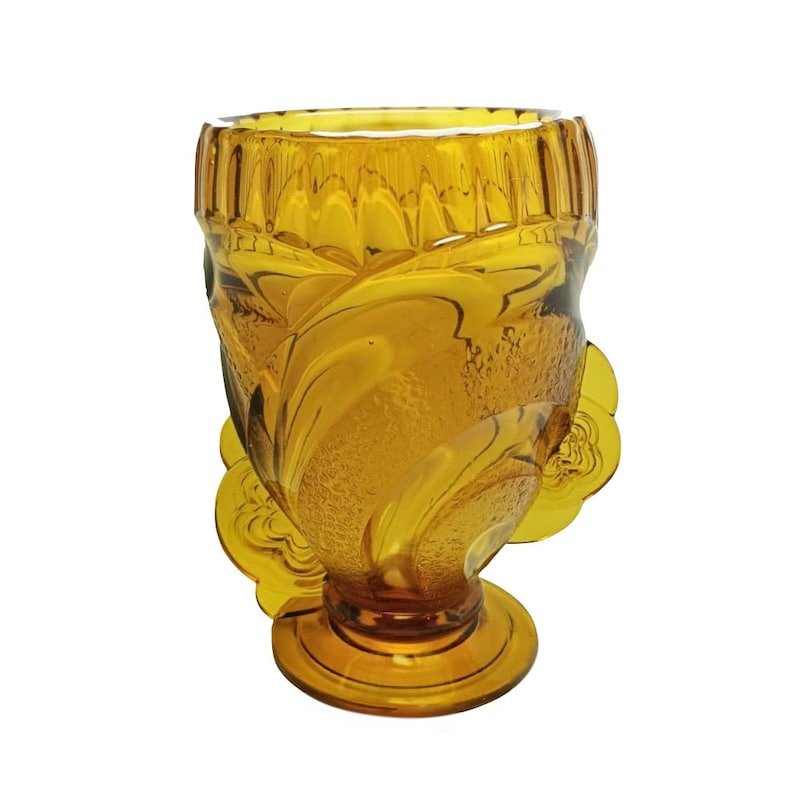 Vintage Sowerby Art Deco Amber Glass Vase Deep Swirled Cuts Applied ...
