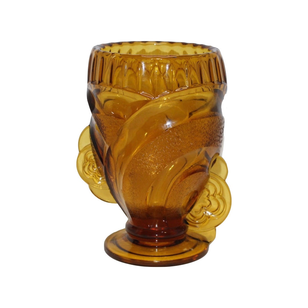 Vintage Sowerby Art Deco Amber Glass Vase Deep Swirled Cuts Applied ...