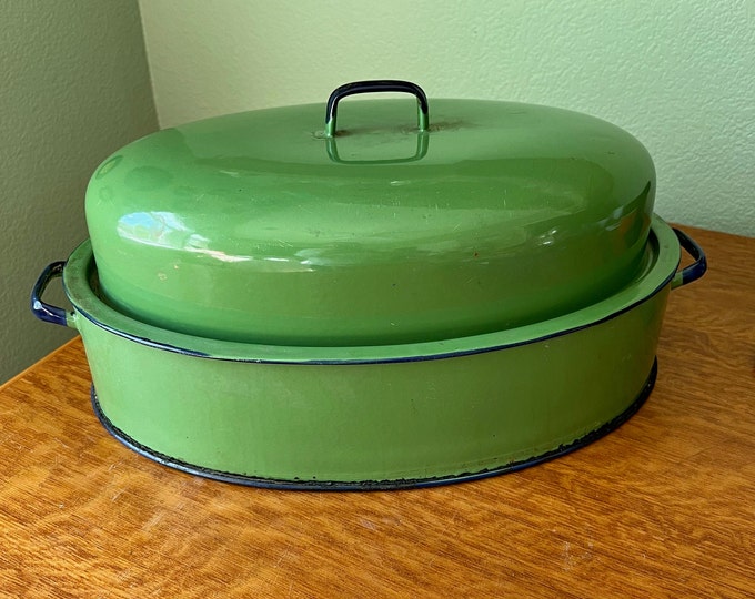 Vintage Green Enamelware Covered Roaster / Roasting Pan With Lid and ...