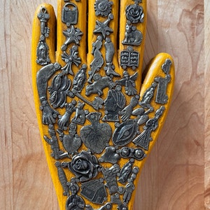 Mexican Wooden Hand Folk Art With Metal Milagro Charms - Etsy