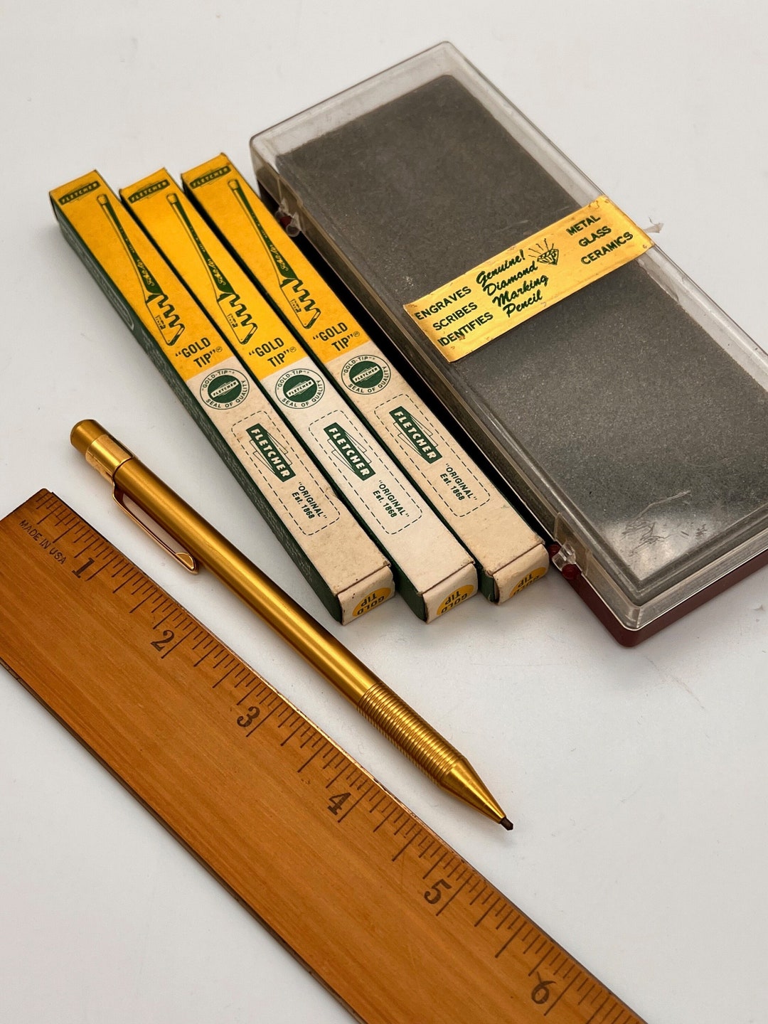 Vintage Diamond Marking Pencil and 3 Fletcher-terry Gold Tip Glass ...