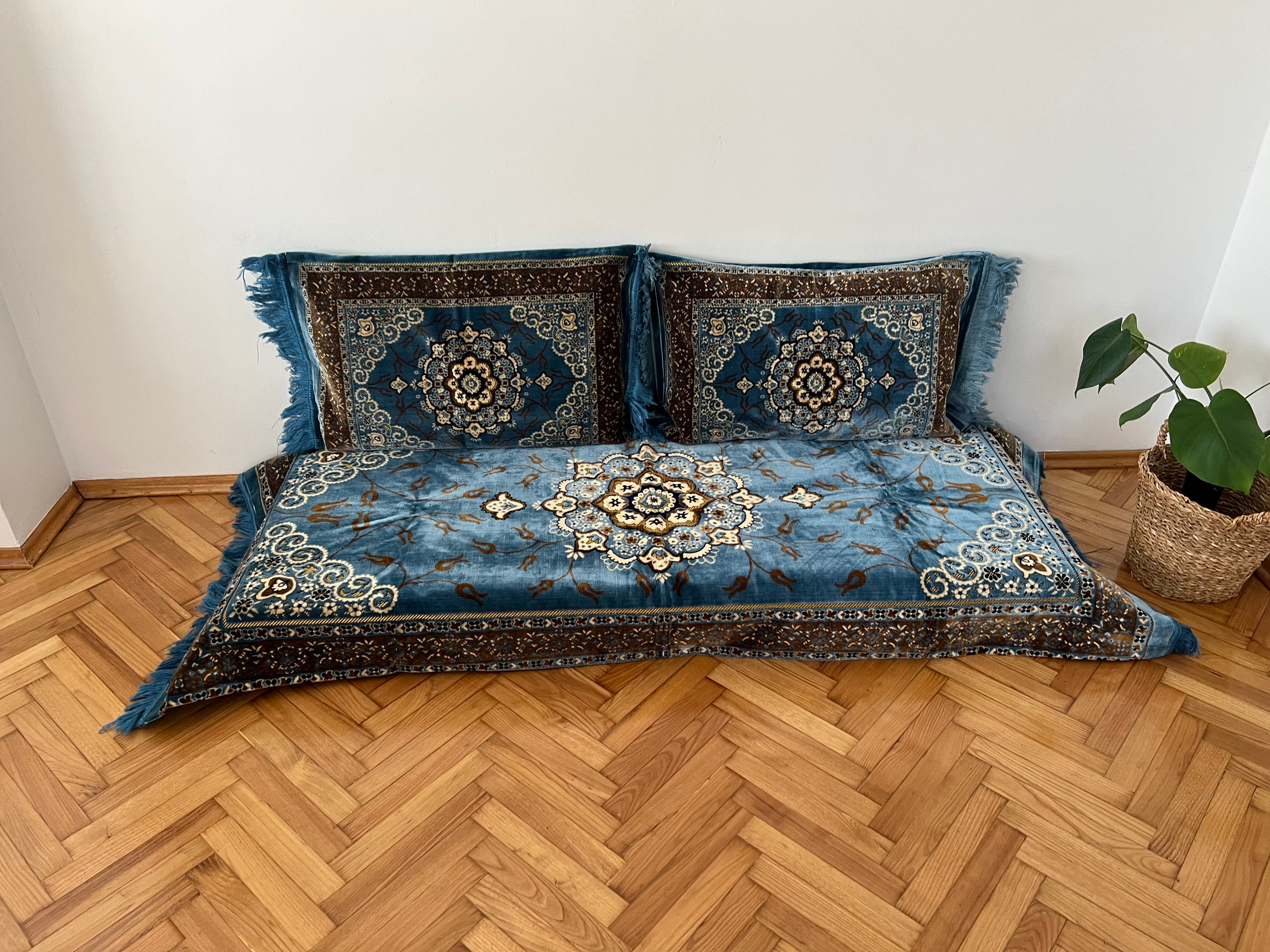 Royal Blue Arabic Sofa Cover: 3 Piece Set 1x Bed + 2x Pillow, Removable ...