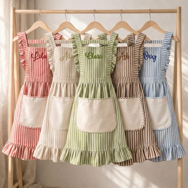 Personalized Striped Linen Apron, Embroidered Custom Name Apron ...