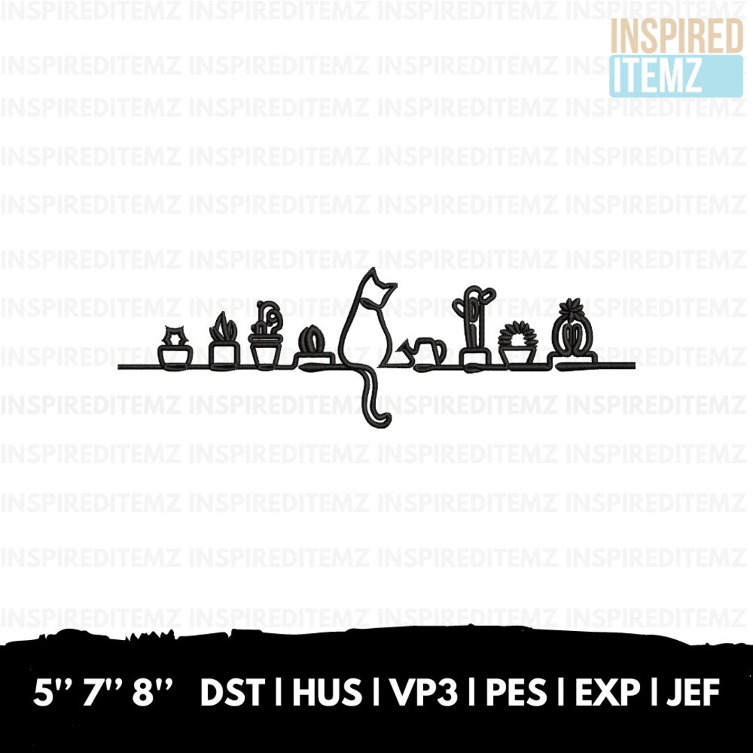 Cat and Plants Embroidery Design, Cat Embroidered Shirt, Cute Cat Pes ...