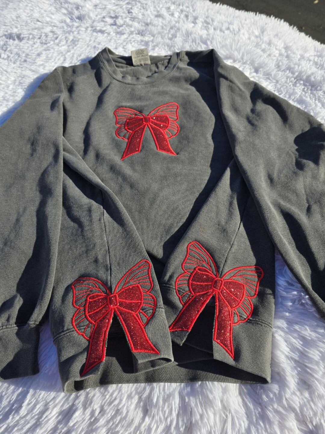 Embroidered Custom Glitter Comfort Crewneck, Glitter Side Bow ...